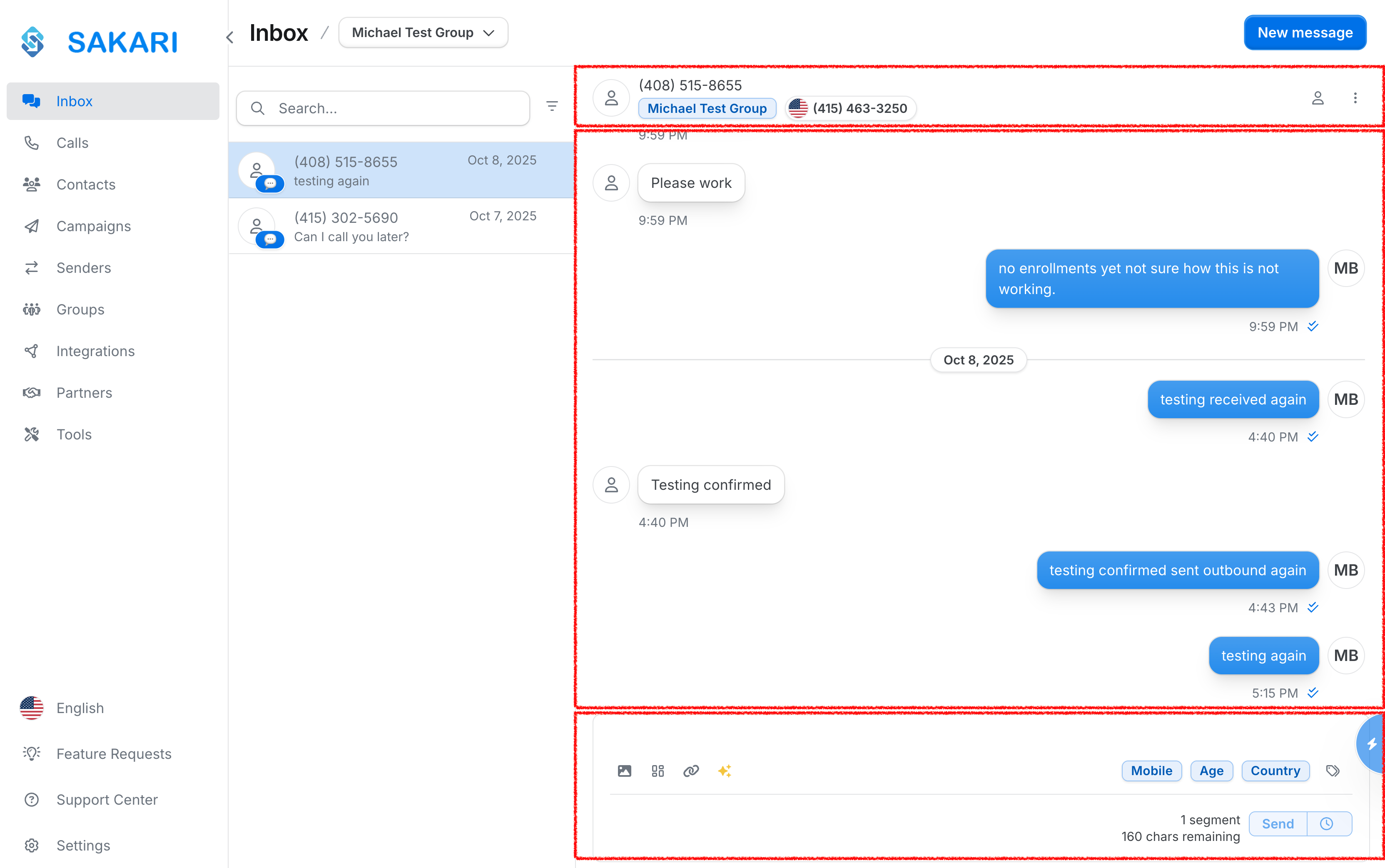 Inbox: Messages panel – Sakari Support Center